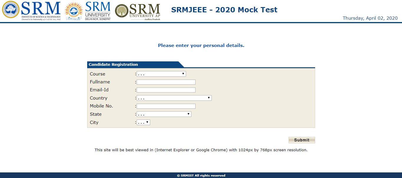 SRMJEEE Mock Test 2021 (Released) - Attempt Free Online here