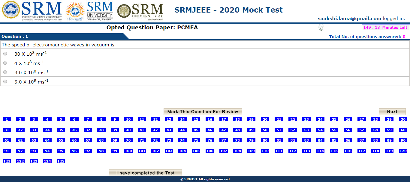 SRMJEEE Mock Test 2021 (Released) - Attempt Free Online here