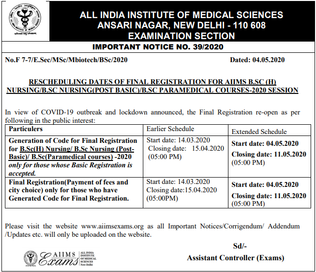 AIIMS nursing 2020 final registration reopens at aiimsexams.org till May 11