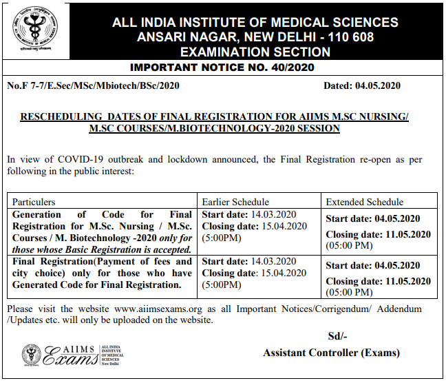 AIIMS nursing 2020 final registration reopens at aiimsexams.org till May 11