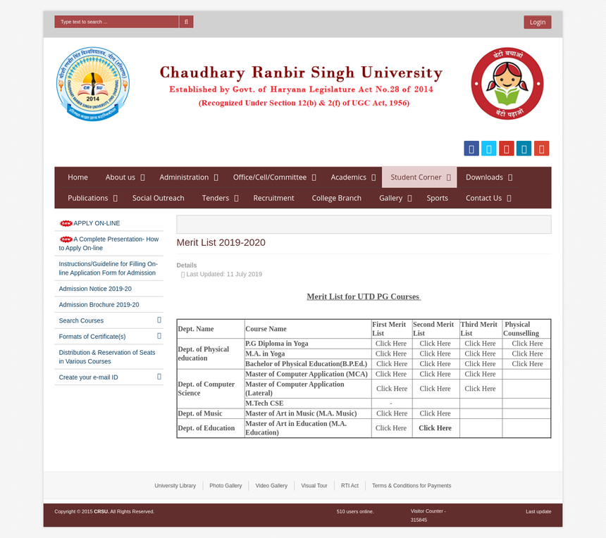 CRSU Result 2020 (Declared) - Merit List & Counselling Procedure Check