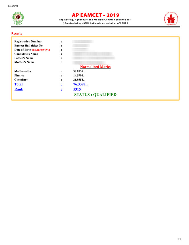 AP EAMCET Result 2019, Scores (Declared) - Download Rank Card