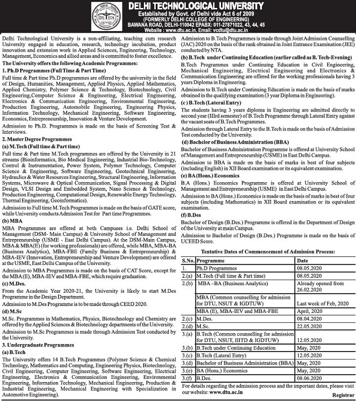 DTU M.Tech admission 2020 notification released, applications to go ...