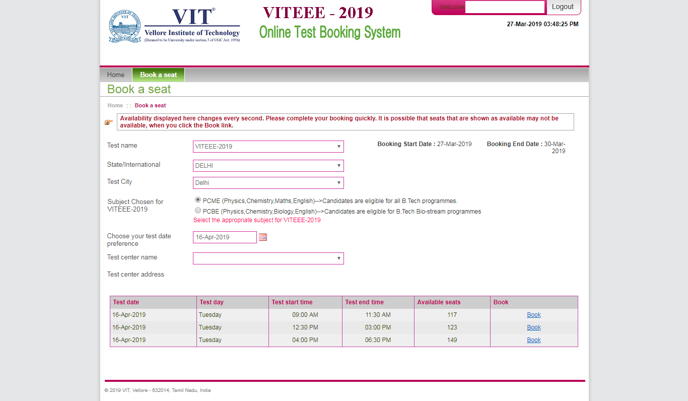VITEEE Slot Booking 2019 via OTBS (Started) - Book VIT Slot and Date