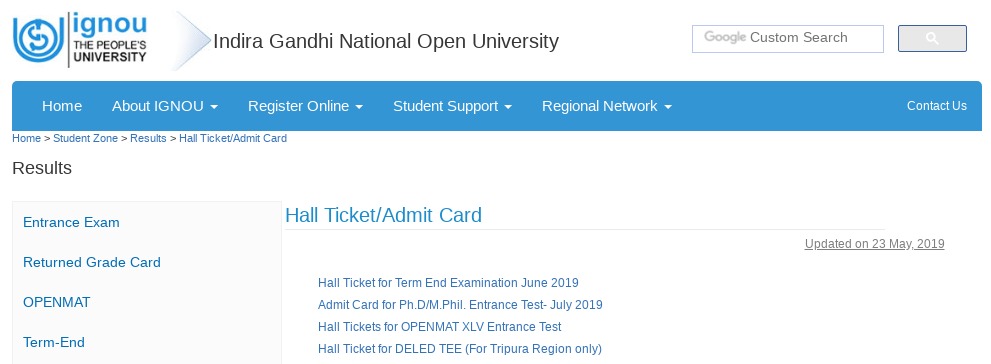 IGNOU Hall Ticket 2019 - Download December Exam Admit Card @ignou.ac.in
