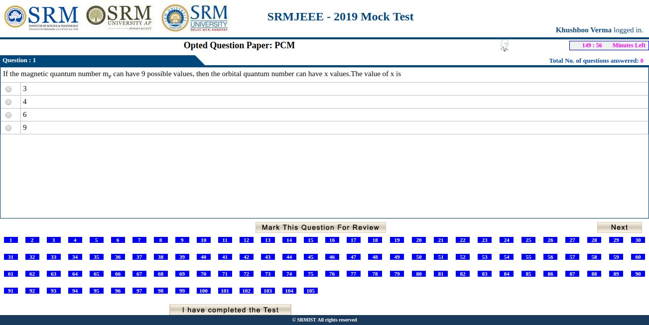 SRMJEEE Mock Test 2019 - Attempt Online here