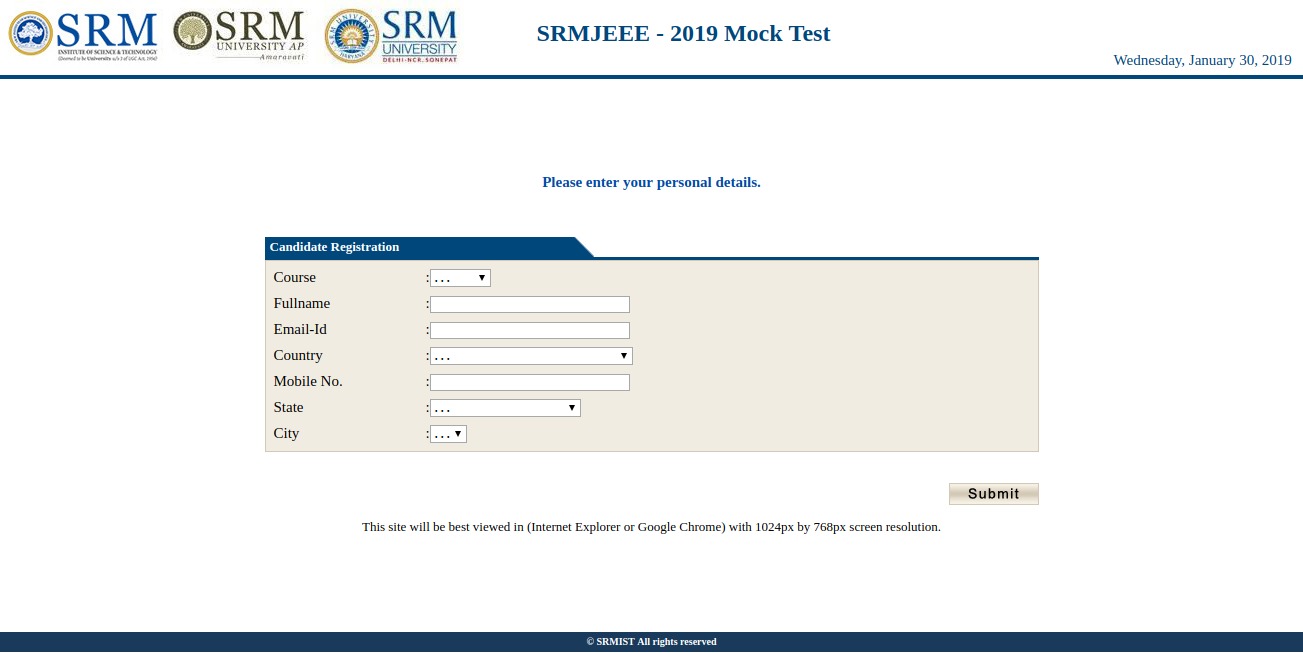 SRMJEEE Mock Test 2019 - Attempt Online here